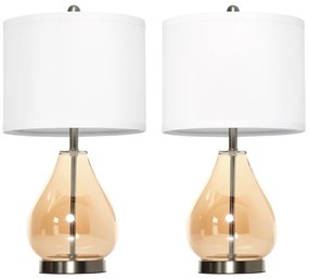 HOMCOM Sada 2 nočních lampiček s paticí E27, 40W, sklo, len, ocel, jantarová barva, Ø30 x 56H cm| Aosom