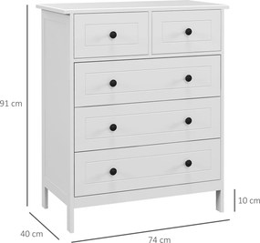 HOMCOM Bílá komoda s 5 šuplíky a úchyty vysoká komoda pro obývací pokoj, kancelář, studijní prostory moderní styl 74x40x91 cm