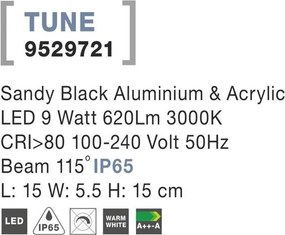 NV 9529721 Venkovní nástěnné svítidlo TUNE černý hliník a akryl LED 9W 3000K 100-240V 115st. IP65 - NOVA LUCE