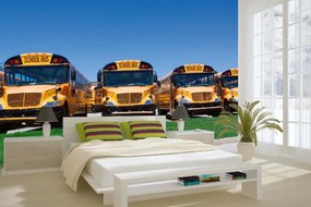 DIMEX | Vliesová fototapeta Řada školních autobusů MS-5-2717 | 375 x 250 cm | zelená, modrá, žlutá