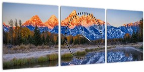Obraz zasněžených horských štítů (s hodinami) (90x30 cm)