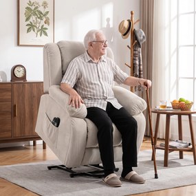 HOMCOM Křeslo pro televizní sledování s masážní a topnou funkcí, elektrické křeslo se vstáváním, dálkové ovládání, boční kapsy, béžová