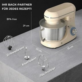 HOMCOM Kuchyňský robot a hnětač s nerezovou mísou 4,5 l, 1300 W, mixér na těsto se 6+P rychlostmi, béžová