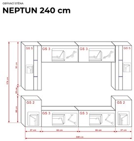 Ral Obývací stěna NEPTUN  2, 240 cm - Bílý lesk