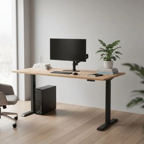 Výškově nastavitelný stůl OfficeTech A, 160 x 80 cm, černá podnož, dub kraft