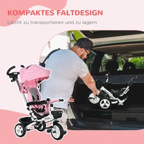 HOMCOM 6 v 1 Tříkolka s Rukojetí, Skládací, Dětská Tříkolka s Bezpečnostním Pásem, Odnímatelnou Sluneční Clonou, Košíkem, Držákem na Pohár, Pedálem, …