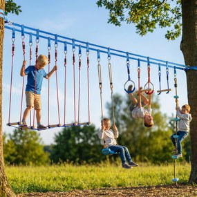 Ninja Line dětská 24m slackline sada s gymnastickými kruhy 7 překážek šplhací tyč balanční most pro 3-6 let červená+modrá