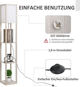 HOMCOM Stojací lampa se 3 policemi Stojací lampa, interiérové osvětlení, E27, do 40W, E1-MDF, akryl, dub+bílá, 26x26x160 cm
