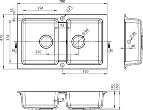 Sapho GR2221 Dvojdřez 78 x 47,5 cm granitový bílá