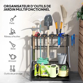 Organizér na zahradní nářadí Outsunny s háčky, 3-podlažní držák na nářadí do garáže, stojan na zahradní nářadí pro nůžky, lopaty a hrabla, oranžová g…