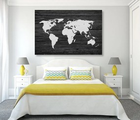 Obraz mapa světa na dřevě v černobílém provedení - 90x60 cm