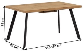 Jídelní stůl AKAIKO rozkládací 140-180x80 cm, MDF dezén dub, kov černý lak