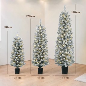 HOMCOM Sada 3 ks sněhem pokrytých LED vánočních stromků, úzké, s PVC větvemi, 90/120/150 cm