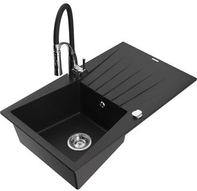 Mexen Cesar granitový dřez s 1 komorou, odkapávačem a kuchyňskou baterií Aster, černý - 6514-77-73450-07