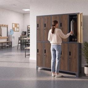 Plechová šatní skříňka na nožkách s 10 boxy BARTEK, 1360 x 1720 x 450 mm, Eco Design: antracitová/ ořech