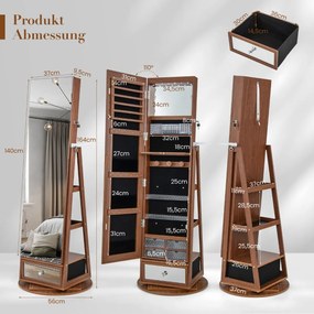 Costway Šperkovnice 360° otočná zrcadlová skříňka se zrcadlem po – 140 × 37 cm
