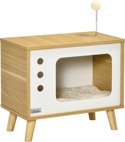 PawHut Kočičí Dům, Kočičí Box ve Tvaru TV s Hračkou míčkem, Škrabací Podložka pro Vnitřní Kočičí Jeskyni, Kočičí Skříň, Kočičí Postel, Kočičí Doupě pr