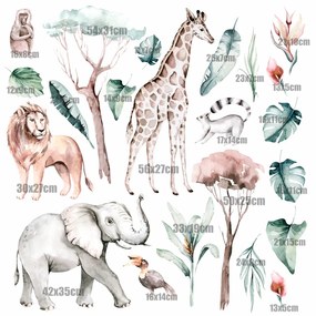 Gario Dětská nálepka na zeď Savanna - slon, lev, žirafa, opice