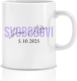 Personalizovaný klasický bílý keramický hrníček 300 ml se jmény novomanželů