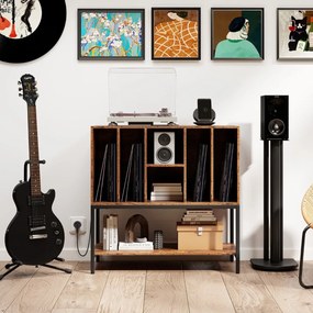 Costway Stojan na gramofon s nabíjecí stanicí a vinylovou postranní úložnou