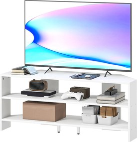 HOMCOM 47" Rohový Televizní Stojan s 2 Otevřenými Policemi, Moderní Dřevěný Stojan na Televizi do Ložnice a Obývacího Pokoje, 110x36x45 cm, Bílý | Aos