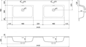 Mexen Otis, dvojité umyvadlo zapuštěné do desky 141 × 46,5 cm, černá matná, 25181471D