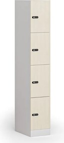 Šatní skříňka S1 s úložnými boxy, 4 boxy, 1850 x 300 x 500 mm, mechanický kódový zámek, laminované dveře, bříza