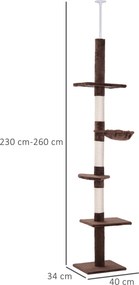 Stropní škrabadlo PawHut vysoké 230-260 cm - výškově nastavitelný kočičí strom s robustními sisalovými sloupky v hnědé barvě pro milovníky koček | Ao…