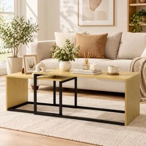HOMCOM Sada 2 konferenčních stolků, odkládací stolek u sedací soupravy, MDF, kov, 90 x 48 x 42 cm / 59 x 42 x 36 cm, přírodní dřevo + černá