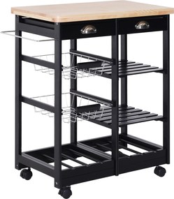 HOMCOM Mobilní kuchyňský vozík s kolečky - Zeleninový vozík, kuchyňský vozík se 2 zásuvkami, 2 košíky a 2 policemi pro jídelnu 74x37x76 cm Černý | Aos