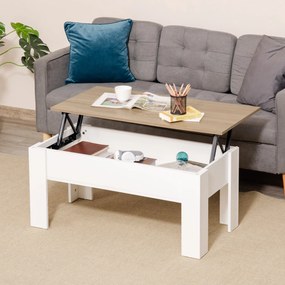 HomCom Zvedací Konferenční Stolek s Skrytým Úložným Prostorem 100x50x45-58.5 cm Bílý a Přírodní