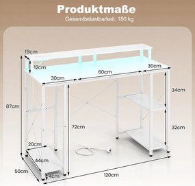 Costway Počítačový stůl s LED osvětlením a stojanem na monitor, bílý
