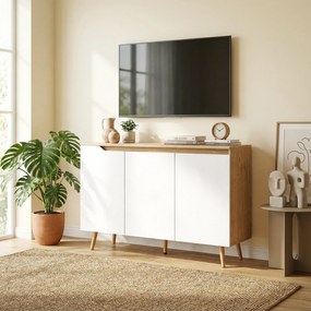 HOMCOM Komoda s 3 dvířky, 2 nastavitelnými policemi, 5 nohami z hevea, rustikální dub/bílá, 107 × 35 × 76,5 cm