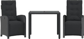 3dílný bistro set s poduškami černý polyratan 3212456