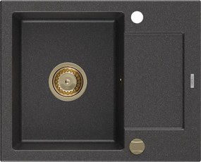 Mexen Enzo, granitový dřez 576x465x174 mm, 1-komorový, černá skvrnitá se zlatým sifonem, 6506571005-76-G