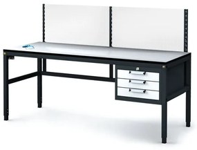 Alfa 3 Antistatický dílenský ESD stůl s perfopanelem, 3 zásuvkový box na nářadí, 1800x800x745-985 mm