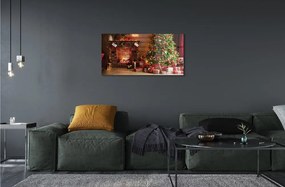 Obraz na skle Krbová dárky vánoční stromky 140x70 cm