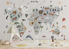 Dětská fototapeta na míru Šedá Kreslená Mapa Se Zvířaty | Vliesová fototapeta na zed' | DFTD5P 352449