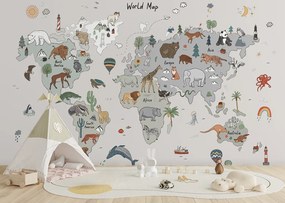 Dětská fototapeta na míru Šedá Kreslená Mapa Se Zvířaty | Vliesová fototapeta na zed' | DFTD5P 352449