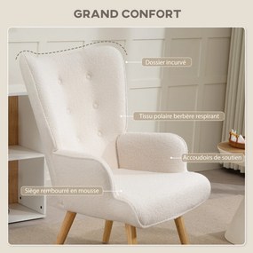 HOMCOM Boucle Fabric Lounge Chair, Moderní Čalouněné Křeslo s Dřevěnými Nohami, Ergonomický Křídlatý Design s Knoflíkovým Prošíváním, pro Jídelnu, Ob…