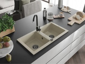 Mexen Mario, granitový dřez 820x436x161 mm, 2-komorový, béžová s černým sifonem, 6504822000-69-B
