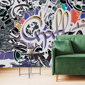 Tapeta trendy fialová graffiti stěna - 150x100