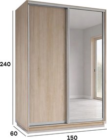 Skříň s posuvnými dveřmi 1500x2400x600 1LTD 1 Zrcadlo Dub Sonoma, profil stříbrný