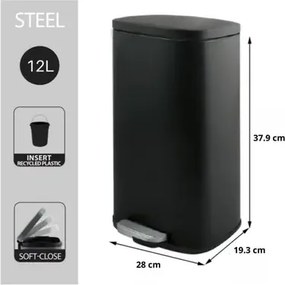 Spirella AKIRA pedálový odpadkový koš 12 L matná černá / ocel / soft-c