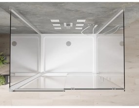 Mexen Omega, 3-stěnový sprchový kout s posuvnými dveřmi 120 (dveře) x 100 (stěna) x 190 cm, 8mm čiré sklo, chromový profil + bílá sprchová vanička SLIM, 825-120-100-01-00-3S-401
