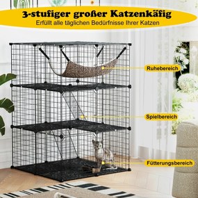 Costway Klec pro kočky 3patrový velký výběh pro kočky s houpací sítí 2 žebříky