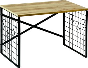 Kovová kuchyňská police s háčky a dubovým dekorem, 52 x 32,5 cm