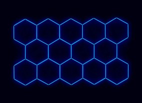 Kompletní Led hexagonové svítidlo modré, rozměr 14 elementů 420 x 238 cm