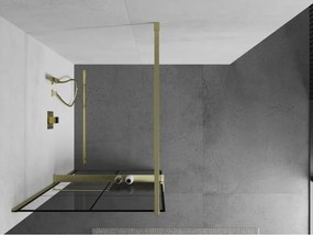 Mexen Kioto+, sprchová zástěna Walk-In s poličkou a věšákem 90 x 200 cm, 8mm čiré sklo černý vzor, ​​zlatý matný profil, 800-090-121-55-77