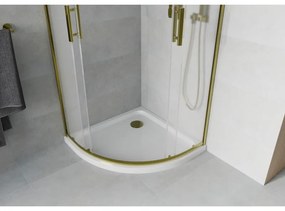 Mexen Rio, čtvrtkruhový sprchový kout 90(dveře)x90(dveře)x190 cm, 5mm sklo námraza, zlatý profil + bílá sprchová vanička SLIM, 863-090-090-50-30-4110G